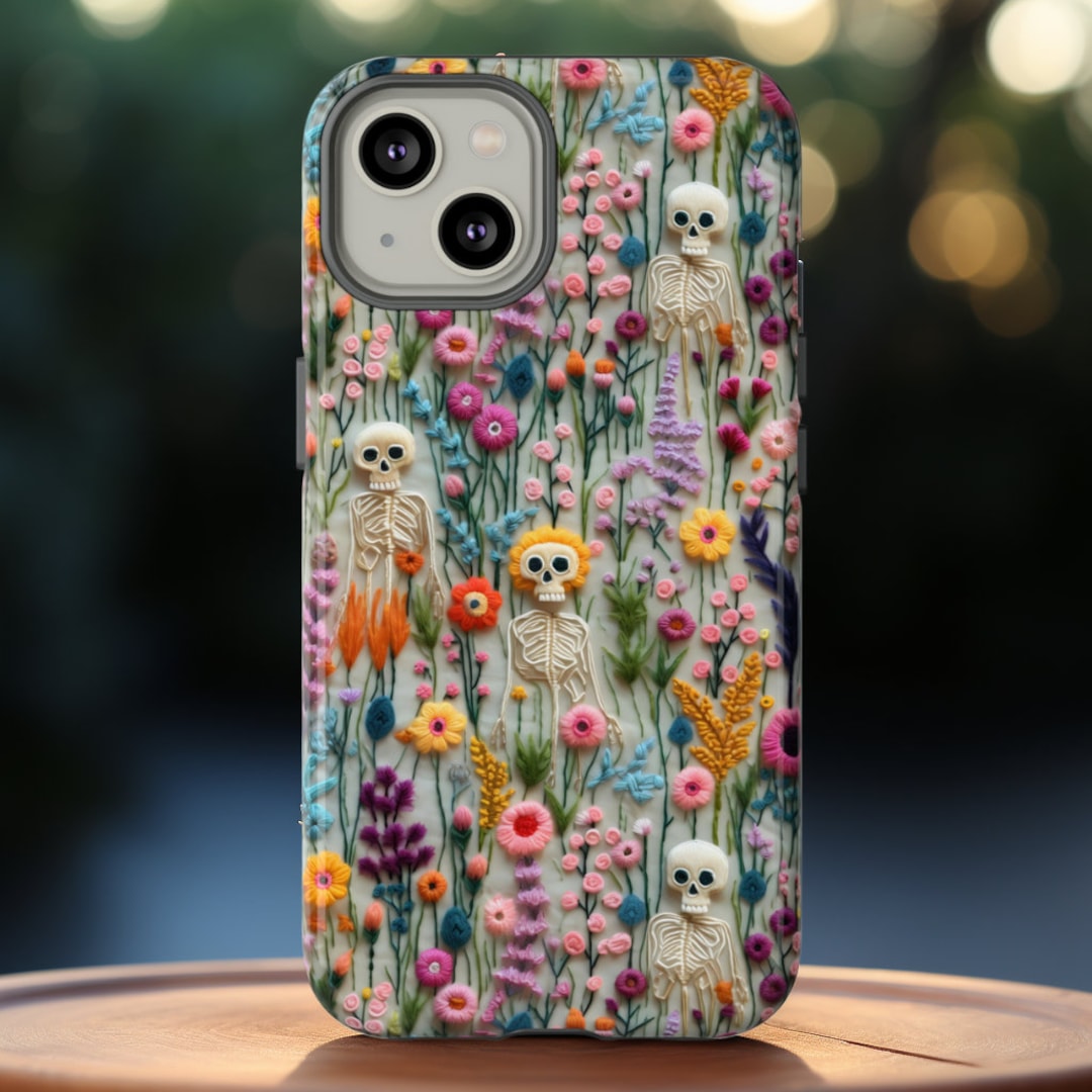 Spooks Come Out at Night Skeleton Phone Case, Embroidered Look Floral ...