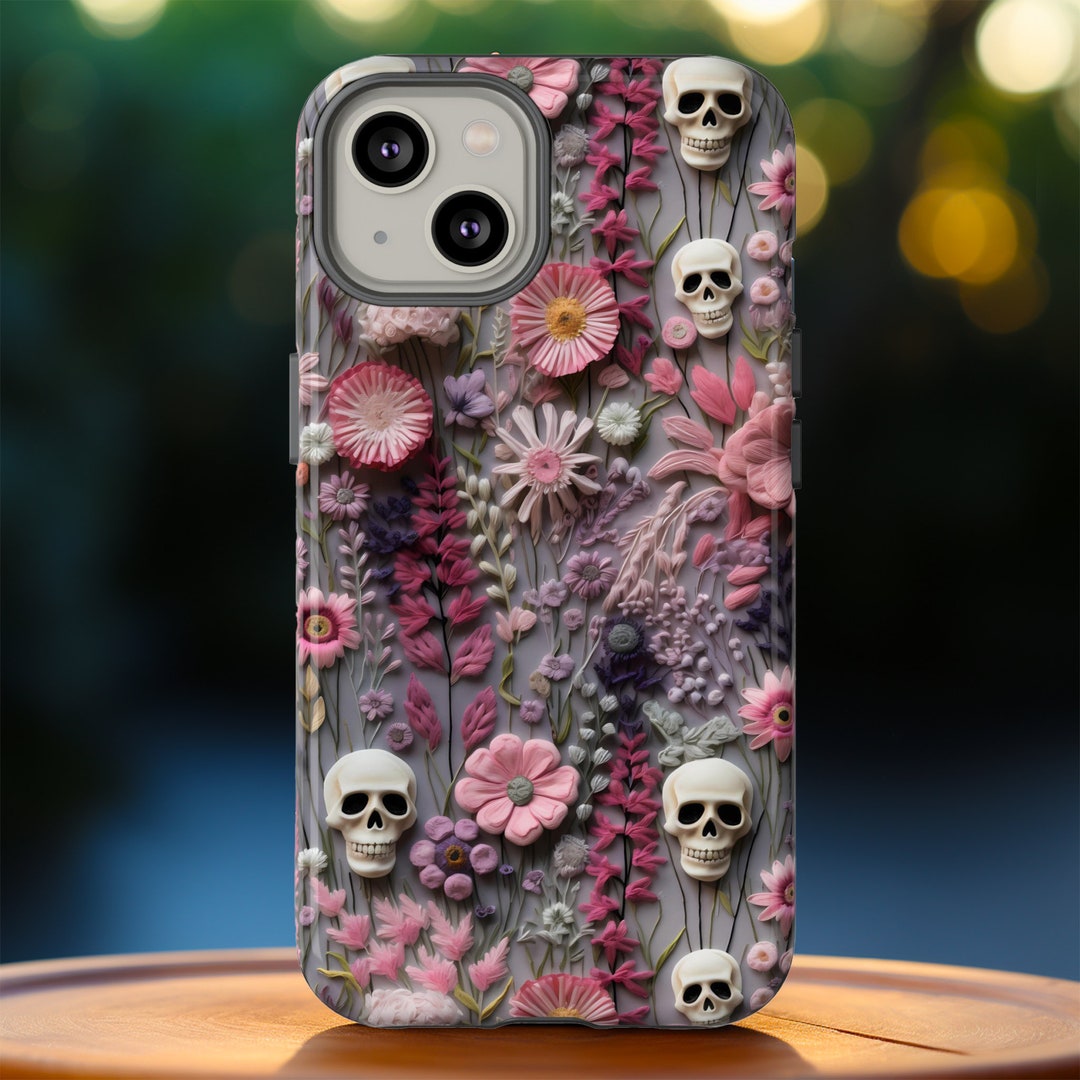Embroidered Look Floral Skulls Phone Case | Faux Embroidery Dark ...