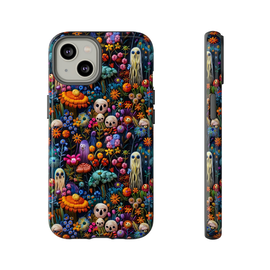 Psychedelic Ghosts in Flowers Phone Case 3D Embroidered Look Trippy ...