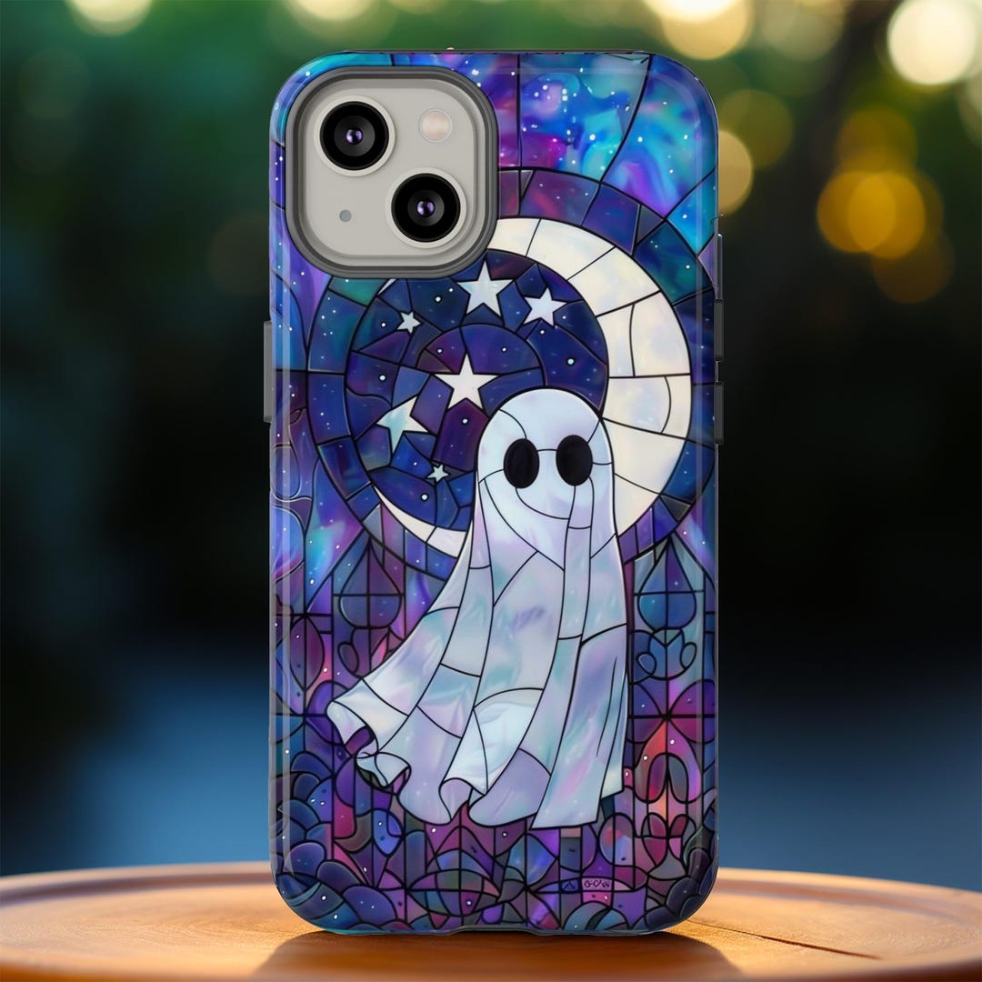 Celestial Halloween Ghost Phone Case, Spooky Moon and Stars Faux ...