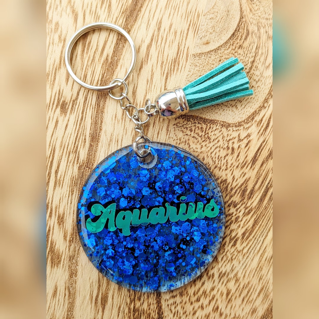 Aquarius Zodiac Sign Round Acrylic Keychain, UV Resin, Chunky Glitter ...