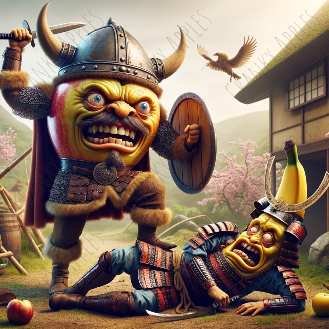 Funny Viking Apple & Samurai Banana Digital Art Hilarious Battle Fruit ...