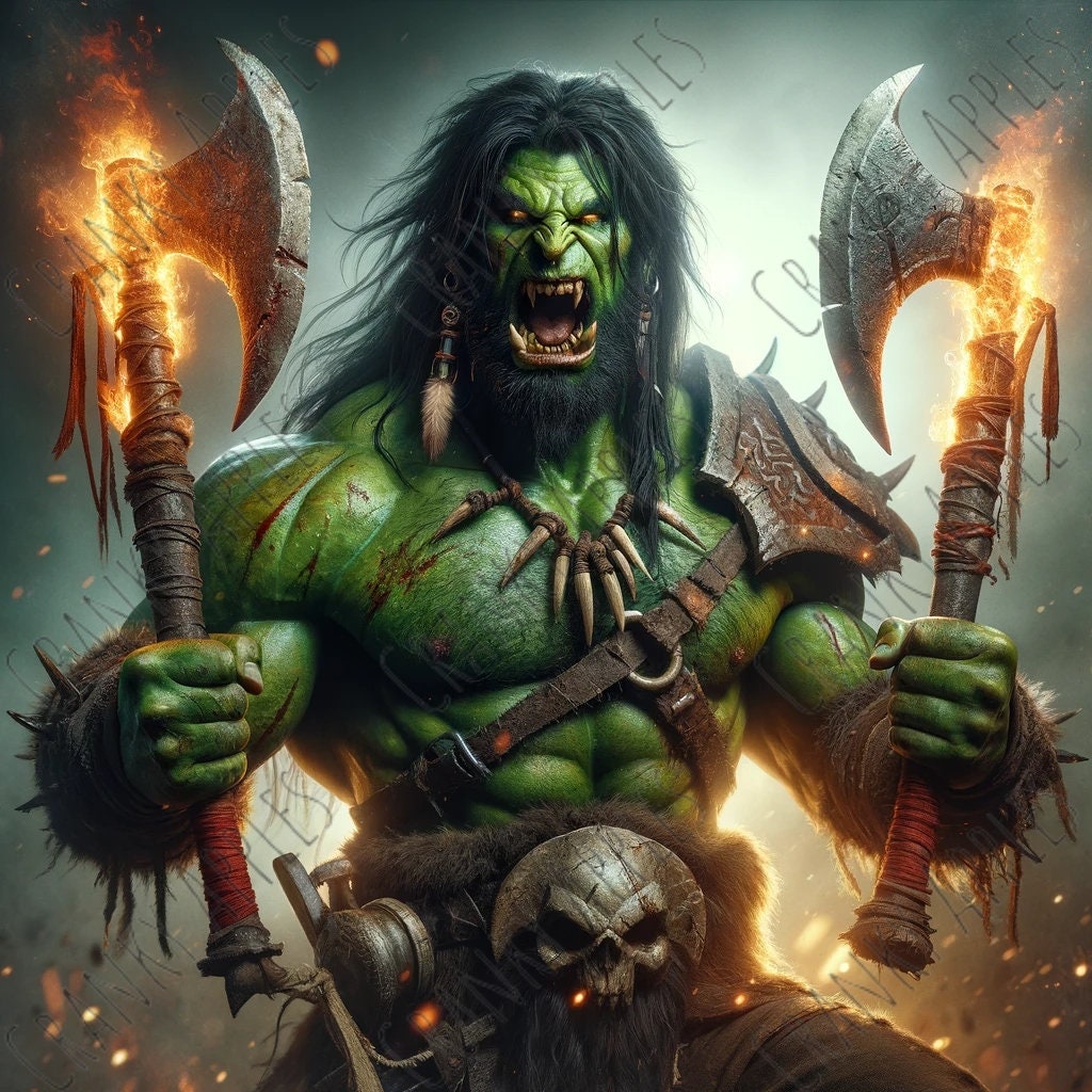 Orc Warrior Dual Fire Axes Digital Art Instant Download Fantasy Artwork Printable PNG File Gifts ...