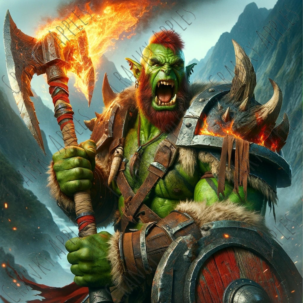 Orc Warlord Firey Axe Shield Warrior Digital Art Fantasy Artwork Instant Download Printable PNG ...