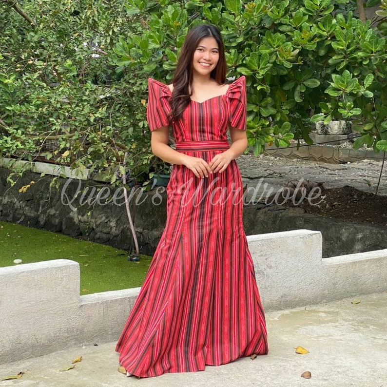 Filipiniana Long Gown With Red Ethnic Design - Etsy