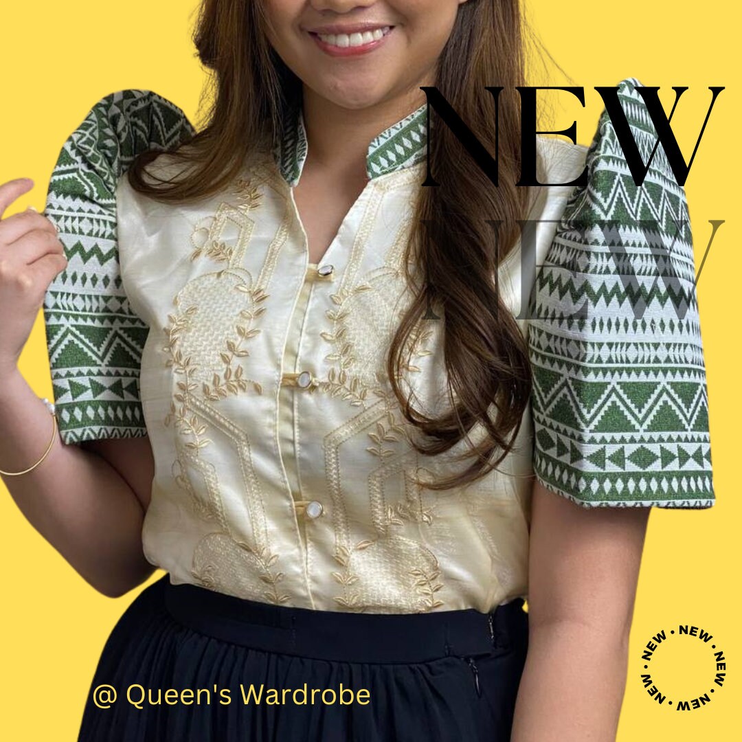 Chinese Collar Filipiniana Top With Ethnic Green Collar and Sleeves ...