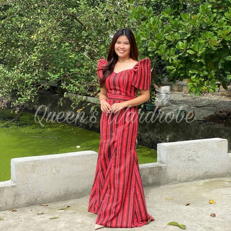 Filipiniana Long Gown With Red Ethnic Design - Etsy