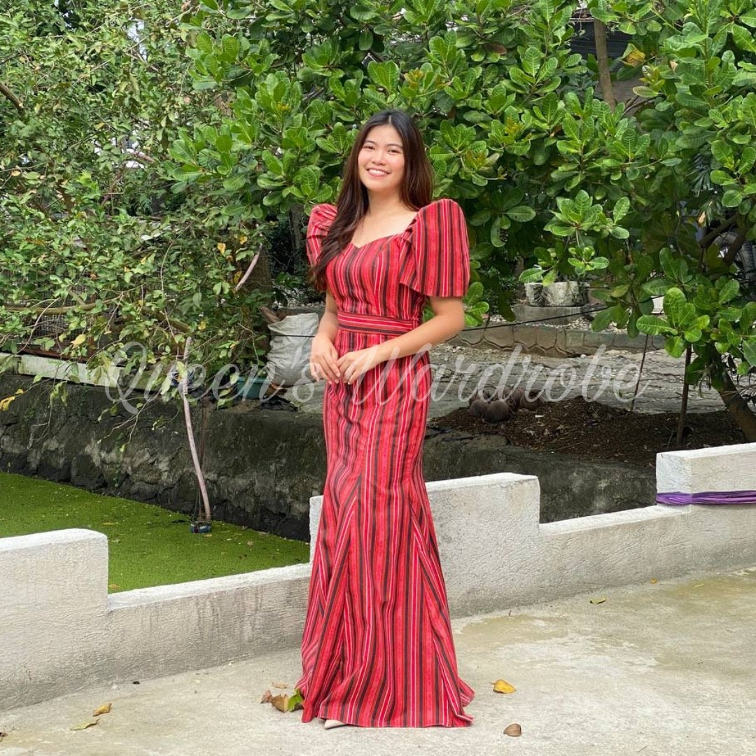 Filipiniana Long Gown With Red Ethnic Design - Etsy