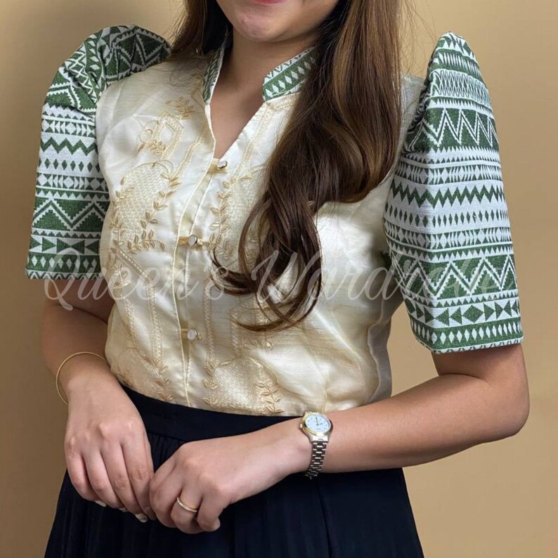 Ethnic Green Inabel Filipiniana Top: Embroidered Organza Blouse - Etsy