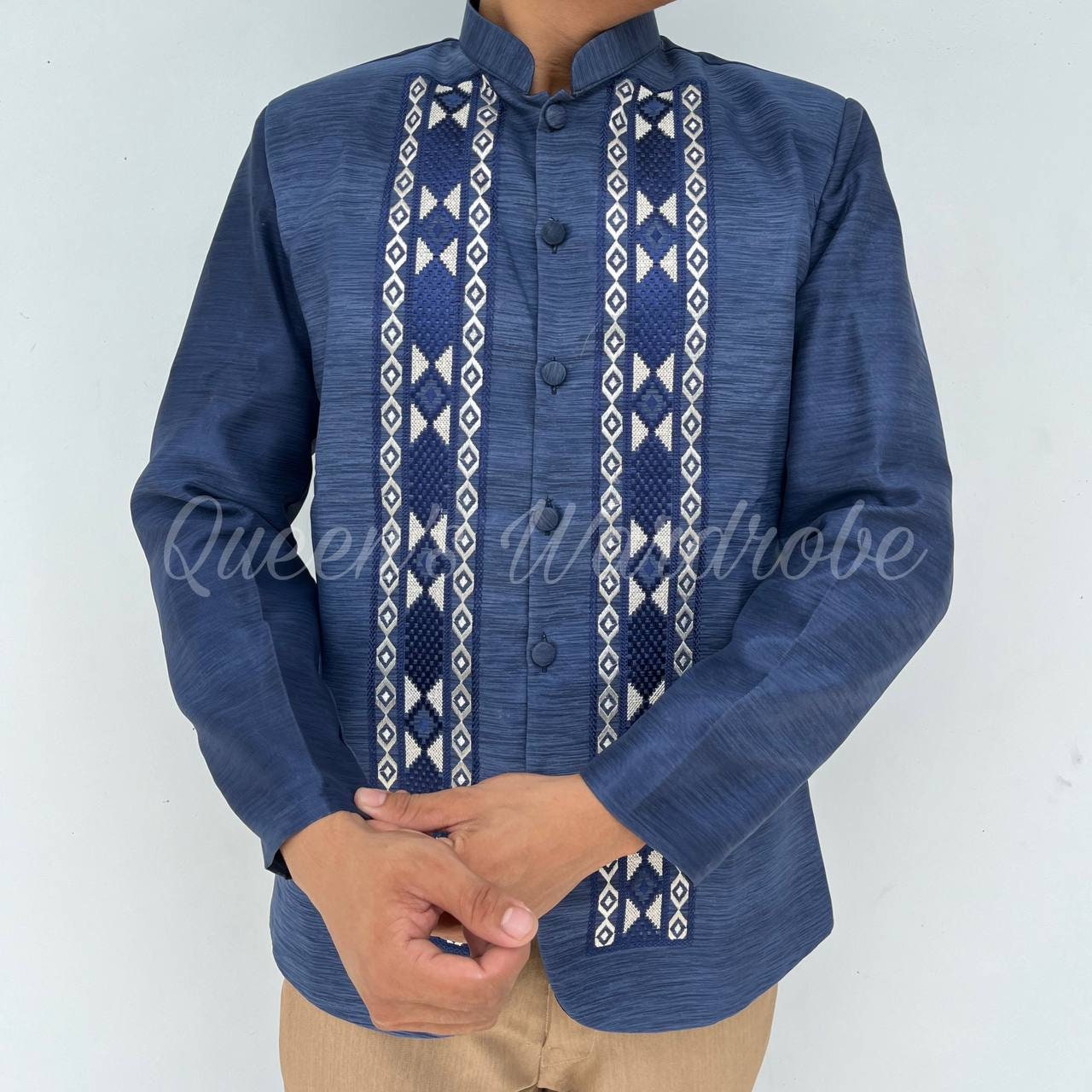 Coat Barong Tagalog Chinese Collar Navy Blue Diamond Design - Etsy