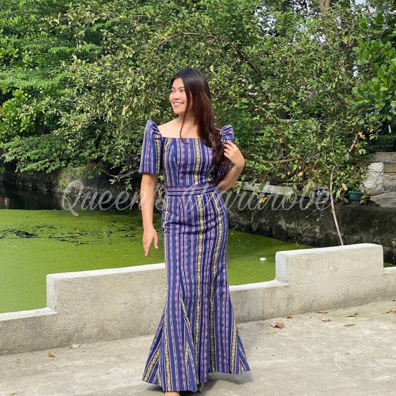 Filipiniana Long Gown With Blue Ethnic Design - Etsy