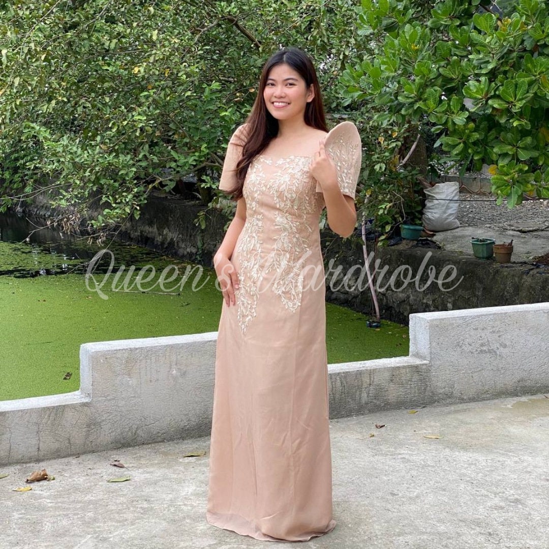 Filipiniana Long Gown Chiffon Serpentina Cut Beige/cream "vines" - Etsy