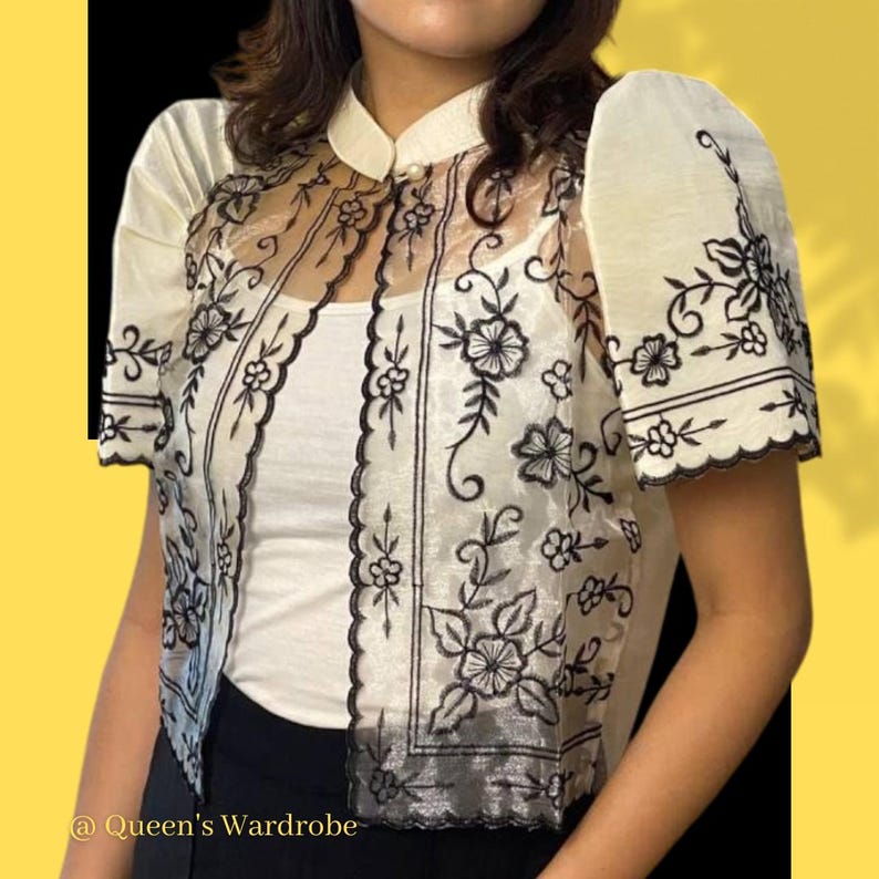 Filipiniana Butterfly Sleeves Chinese Collar Bolero Coat Black and ...