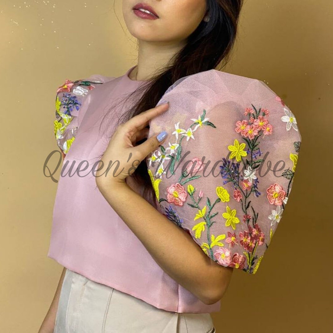 Pink Kimona Filipiniana Top With Floral Butterfly Sleeves - Etsy