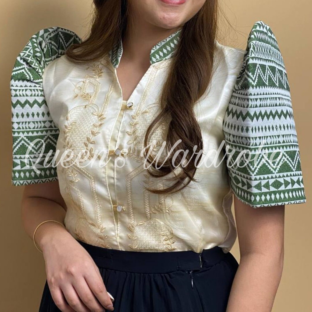 Chinese Collar Filipiniana Top With Ethnic Green Collar and Sleeves ...