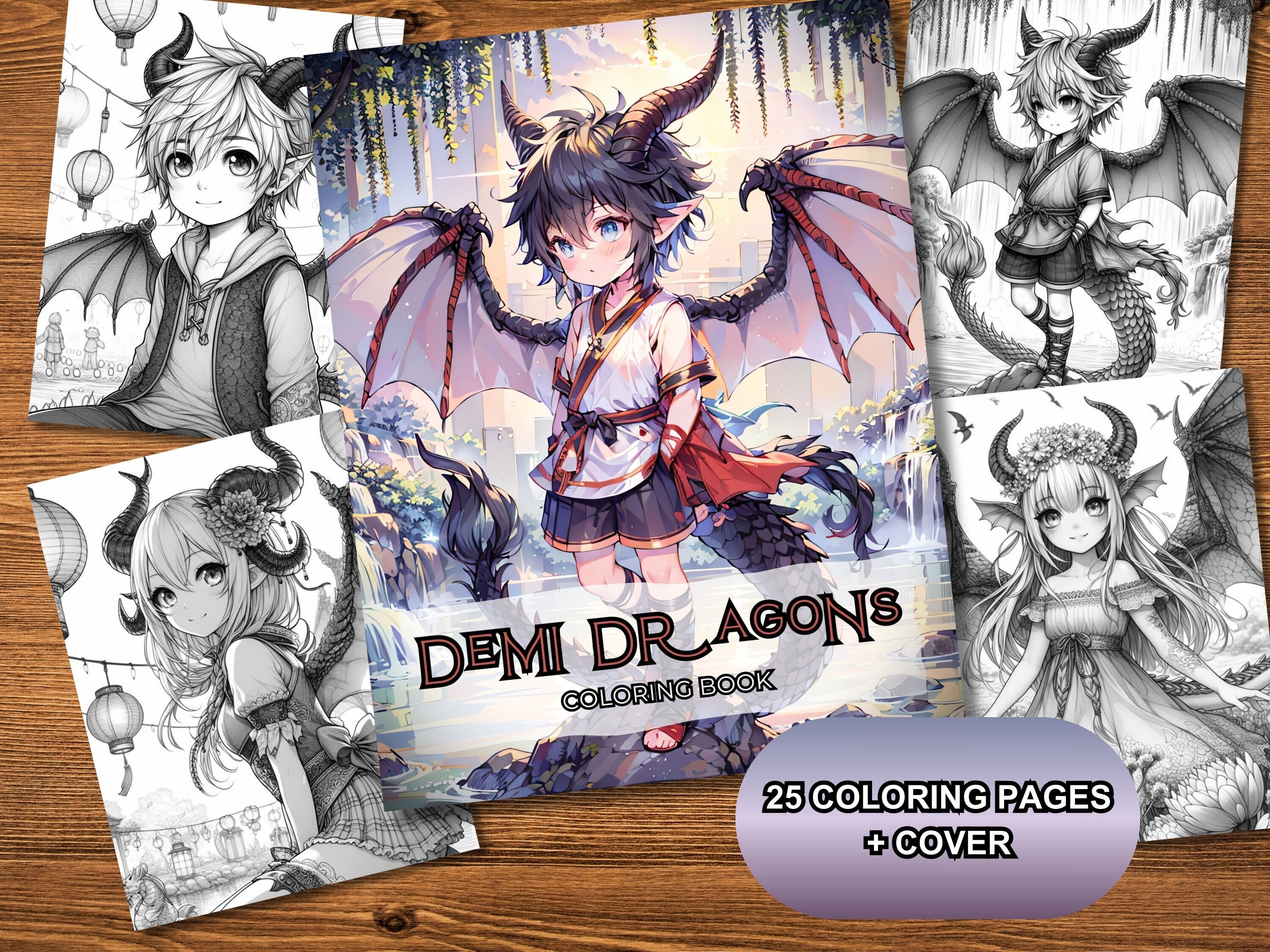 Cute Demi Dragons Coloring Page Book, Adults Kids Instant Download ...