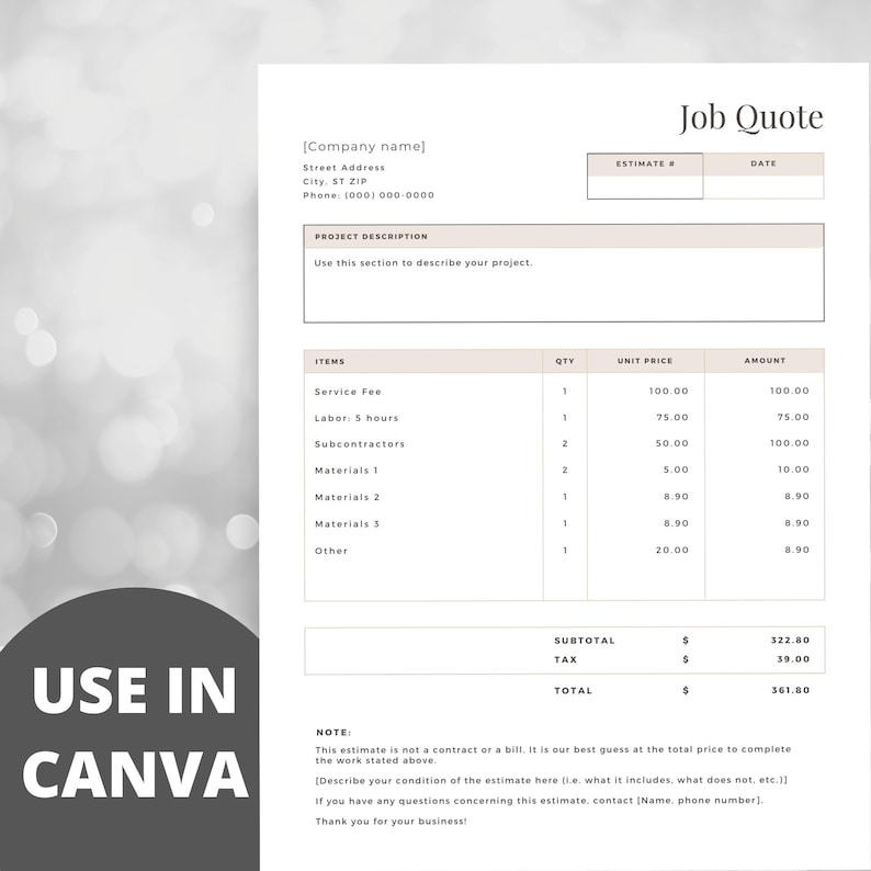 Minimalist Work Estimate Form Template | Editable Canva Template for ...