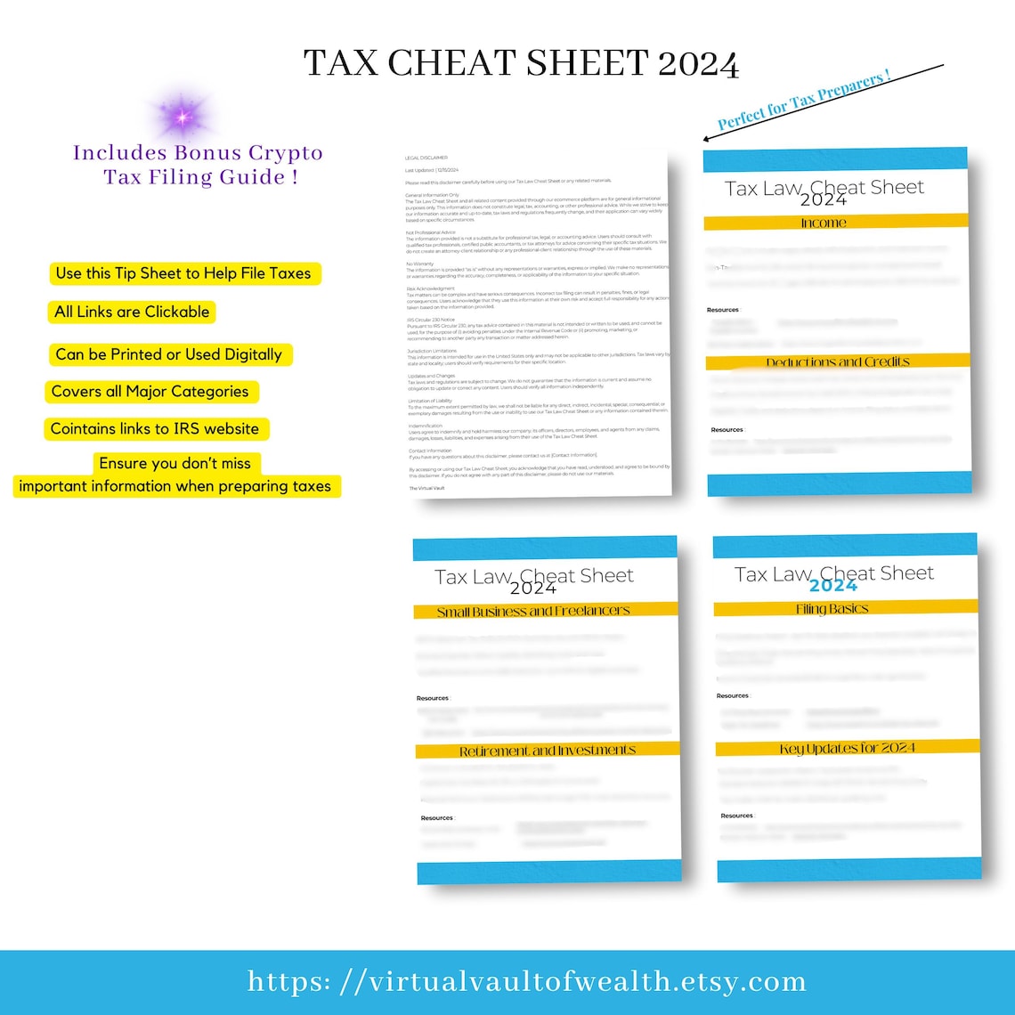 Tax Preparer 2024 Cheatsheet: Filing & Deductions Guide (printable PDF ...