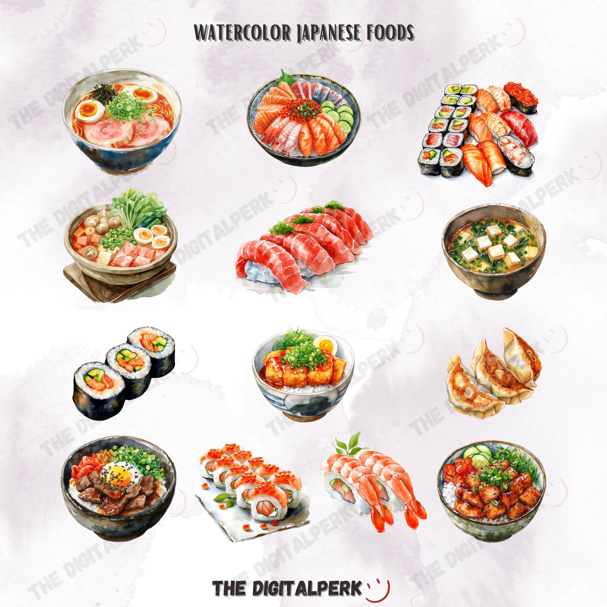 Watercolor Japanese Foods Clipart, Sushi, Sashimi, Tempura, - for ...