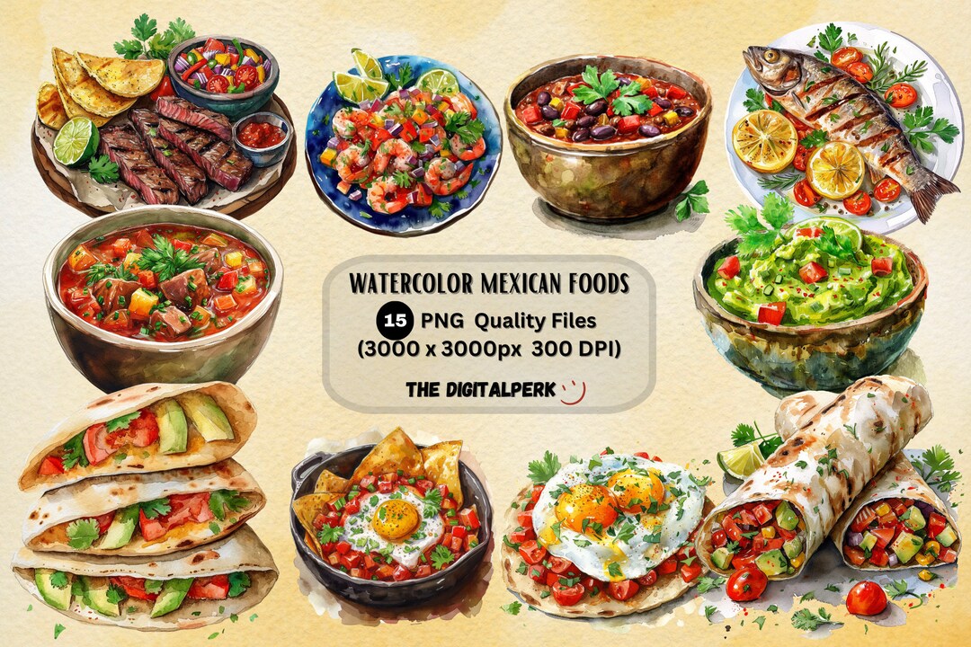 Watercolor Mexican Foods Clipart Tacos, Burritos, Guacamole, and More ...