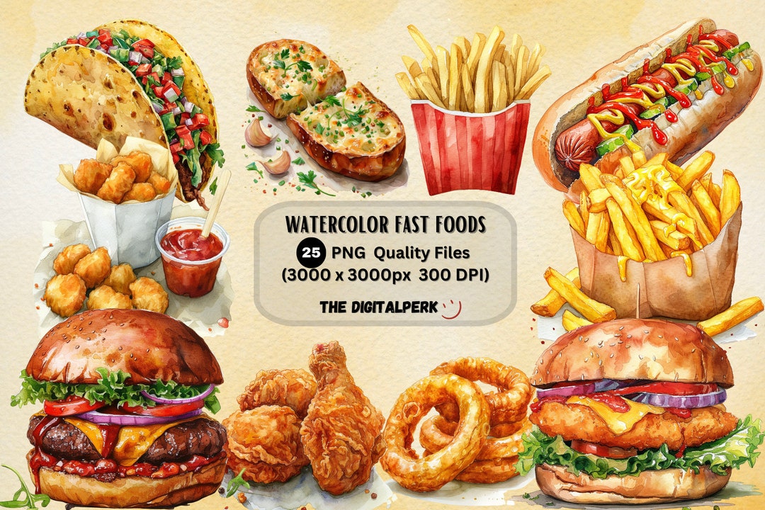 Watercolor Fast Foods Clipart - for Commercial Use and Others - 25 PNG ...