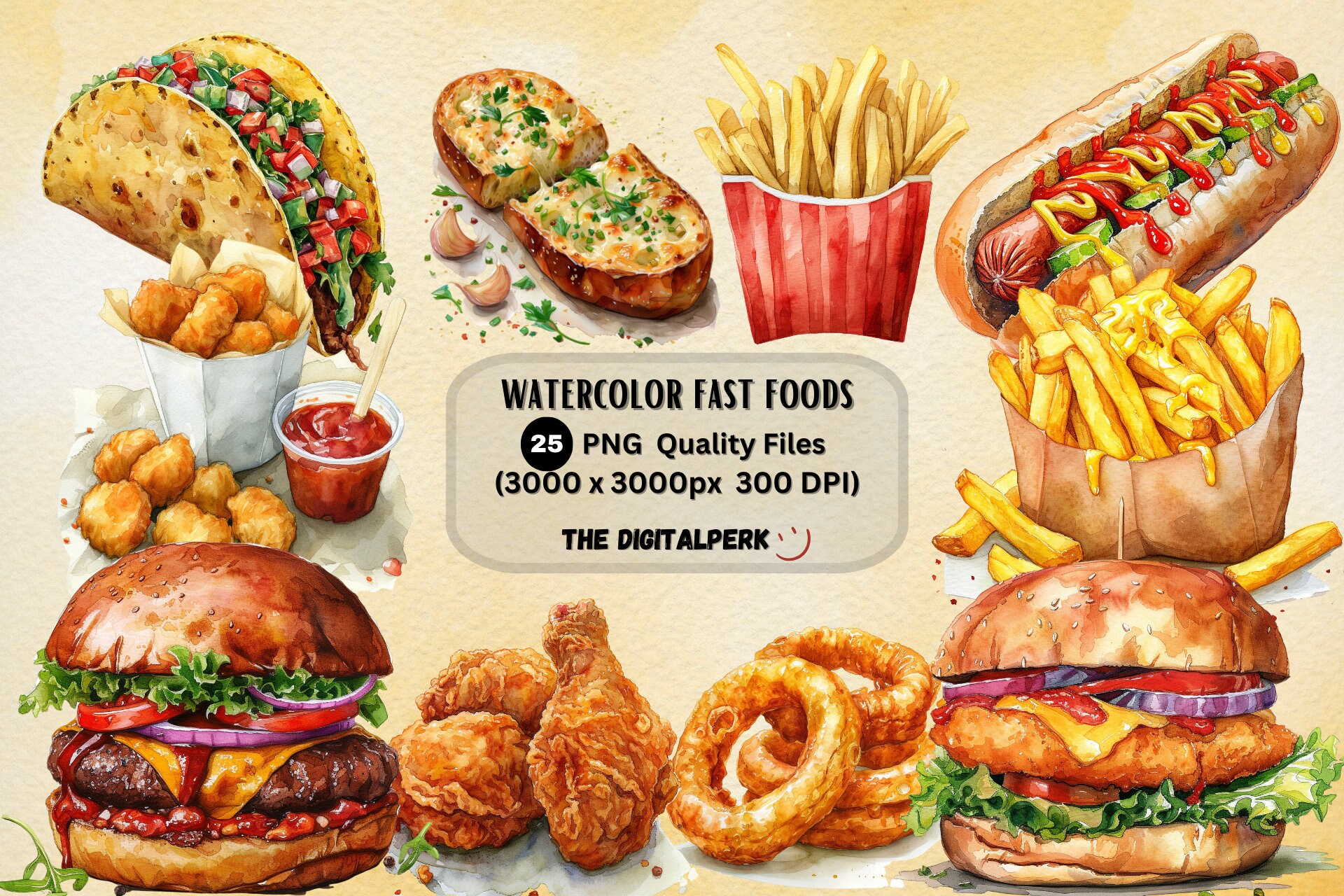 Watercolor Fast Foods Clipart - for Commercial Use and Others - 25 PNG ...