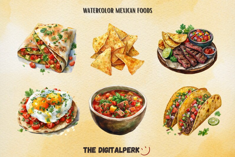 Watercolor Mexican Foods Clipart Tacos, Burritos, Guacamole, and More ...