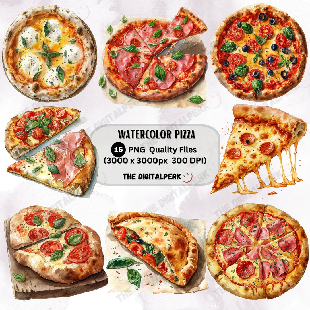 Watercolor Pizza Clipart, Cheese, Pepperoni, and More for Commercial ...