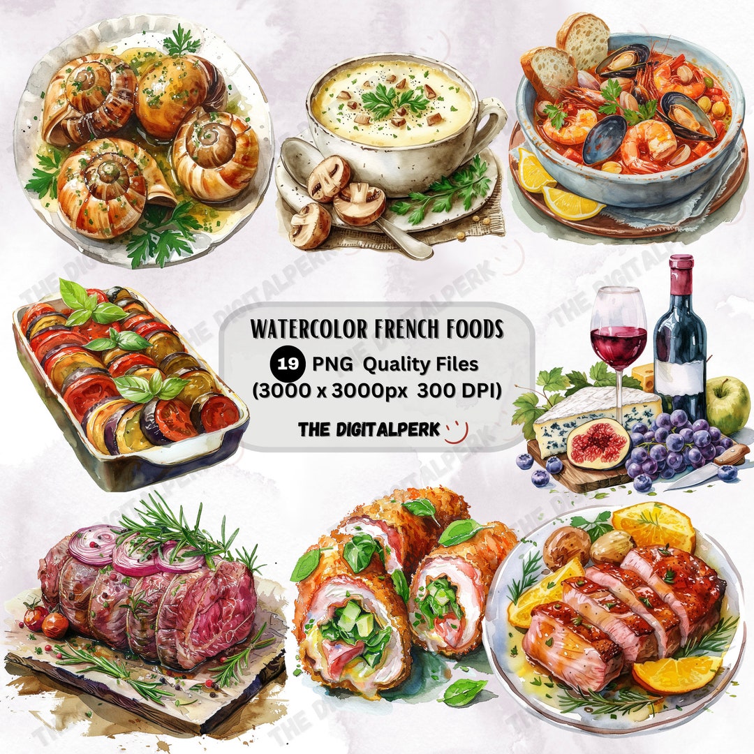 Watercolor French Foods Clipart Bundle - for Commercial Use and Others ...