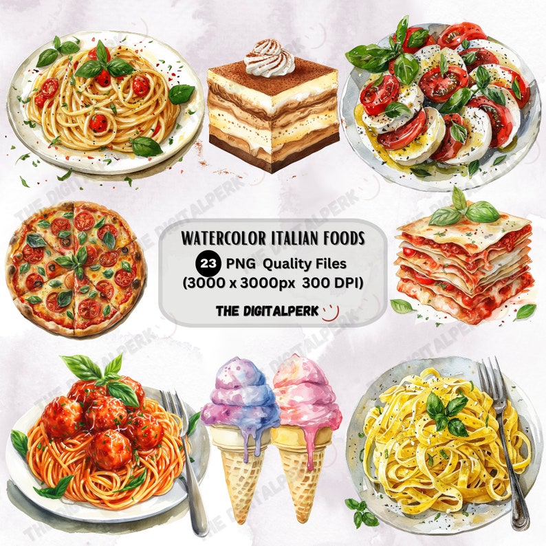 Watercolor Italian Foods Clipart , Pizza, Pasta, Tiramisu, and More ...