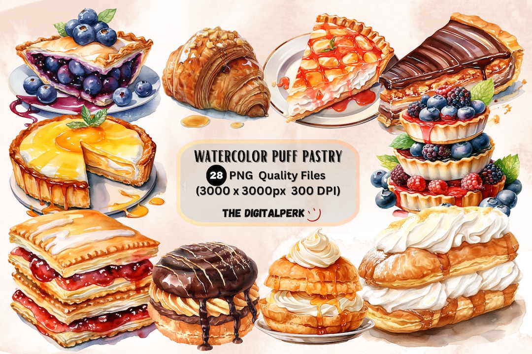 Watercolor Puff Pastry Clipart - for Commercial Use and Others - 28 PNG ...