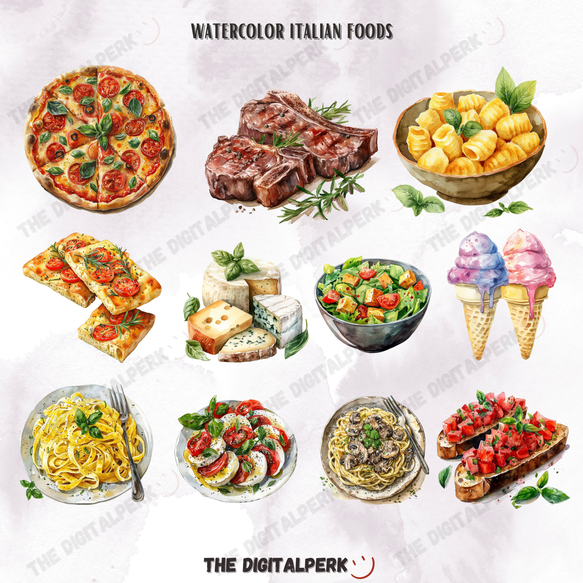 Watercolor Italian Foods Clipart , Pizza, Pasta, Tiramisu, and More ...