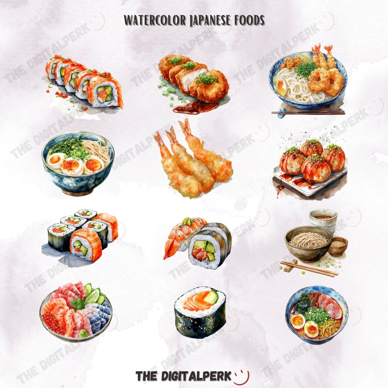 Watercolor Japanese Foods Clipart, Sushi, Sashimi, Tempura, - for ...
