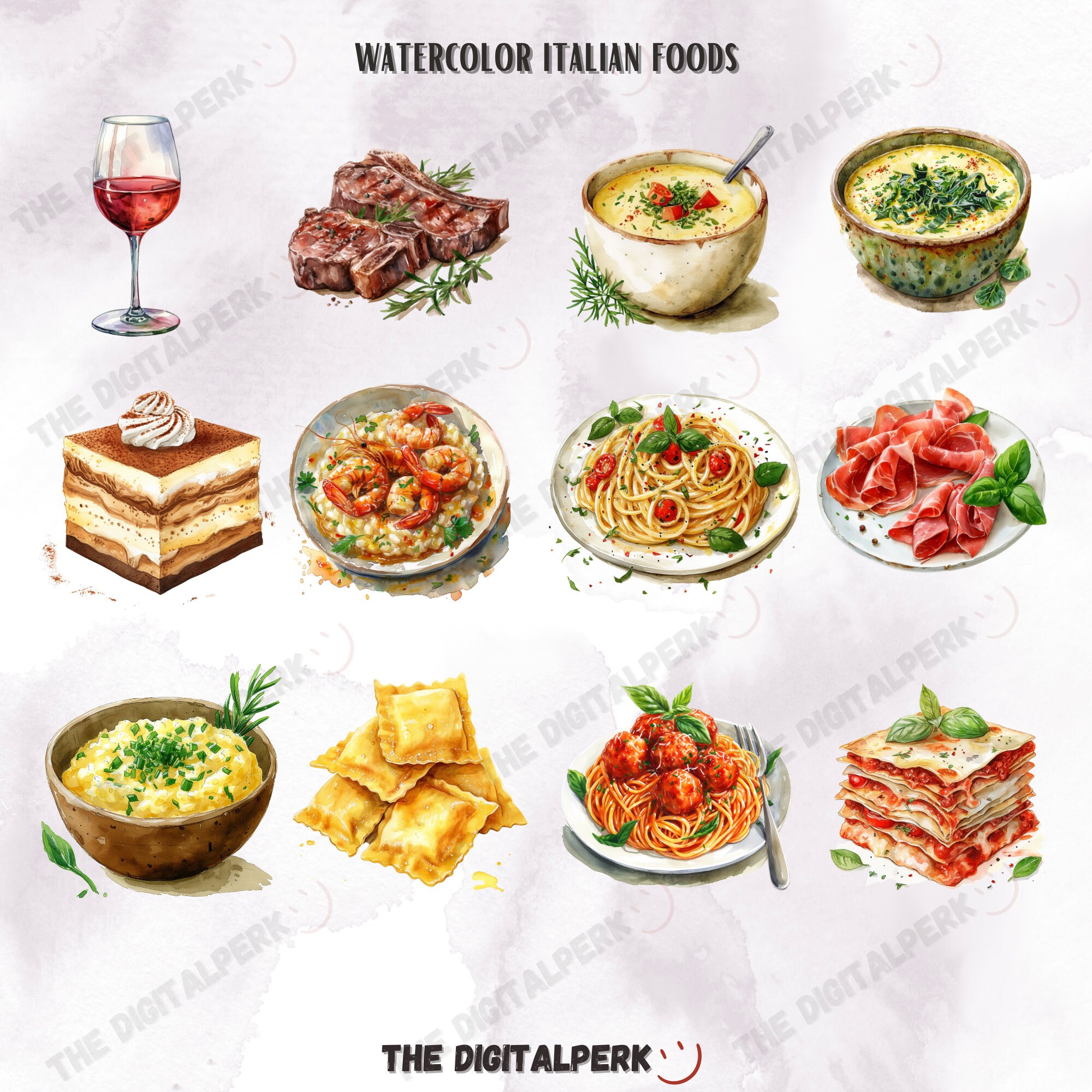 Watercolor Italian Foods Clipart , Pizza, Pasta, Tiramisu, and More ...
