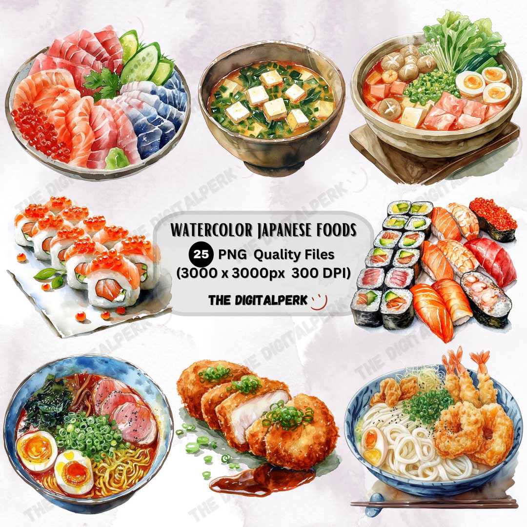Watercolor Japanese Foods Clipart, Sushi, Sashimi, Tempura, - for ...