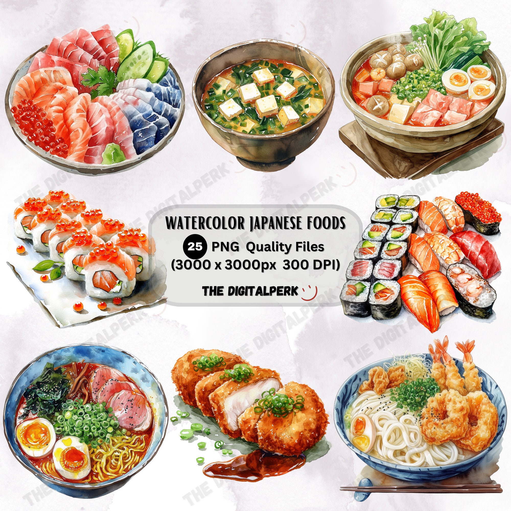 Watercolor Japanese Foods Clipart, Sushi, Sashimi, Tempura, - for ...