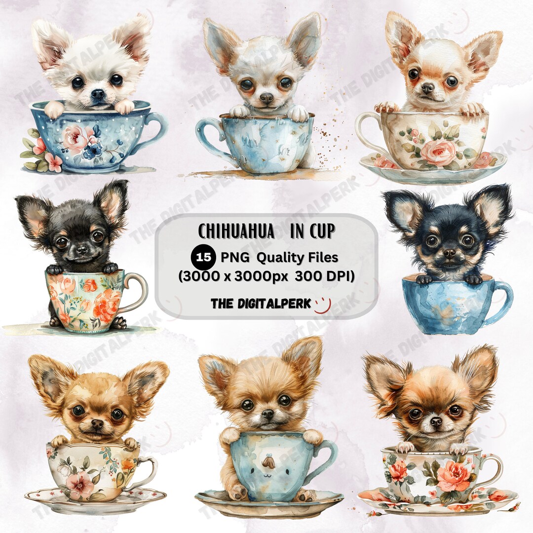Watercolor Chihuahua in Cup Clipart Bundle - for Commercial Use and ...