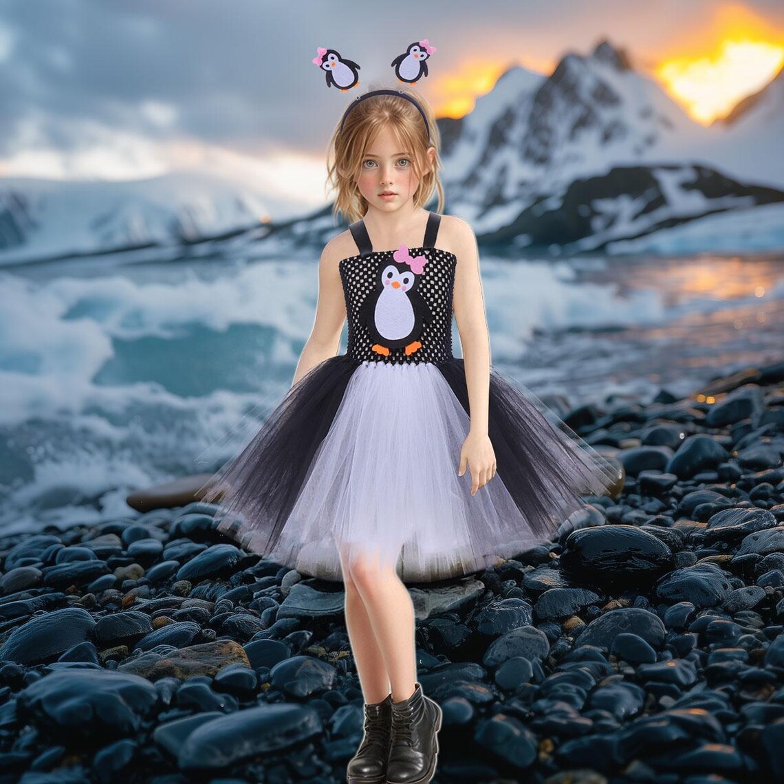 Girl Mesh Dress Penguin Handmade DIY Dress Tutu Dress Mesh White Black ...