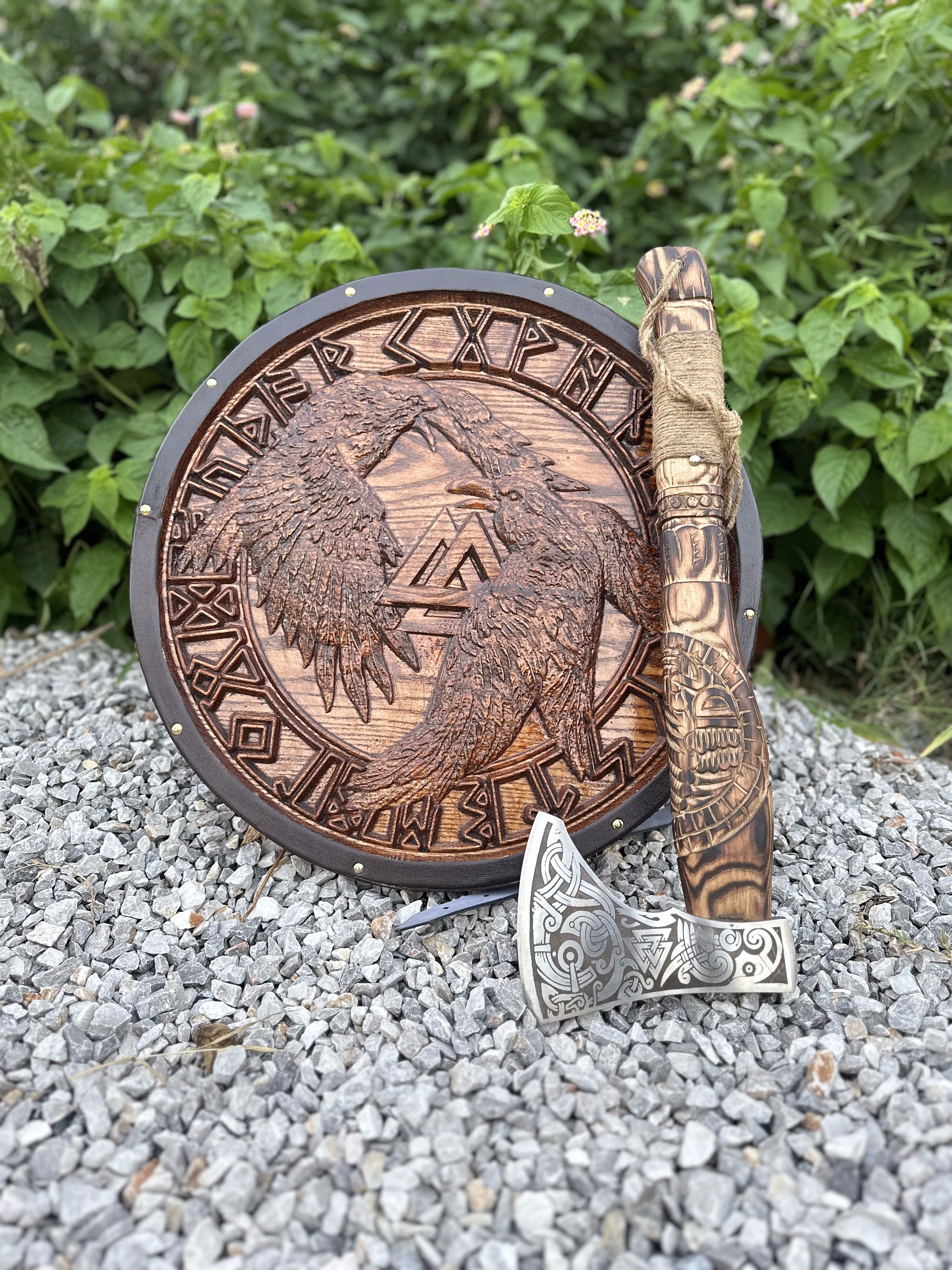 Medieval Axe & Shield Set Custom Viking Shield Carved Viking Gift Wall ...