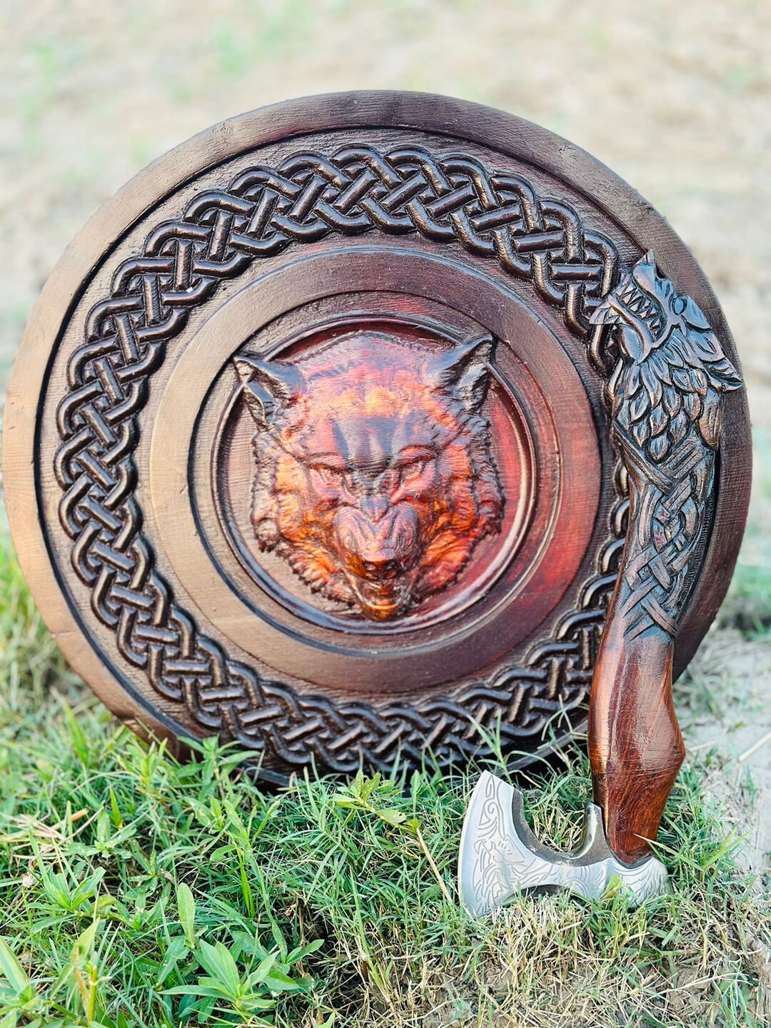 Viking/norse Wolf Shield & Axe Set, Medieval Axe and Shield Set, Carved ...