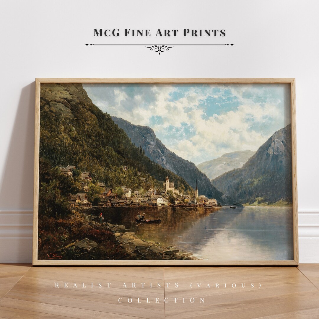 Lake Hallstatt Gallery Wall Art Print Vintage Mountain Forest Landscape Oil Painting Mid Century ...