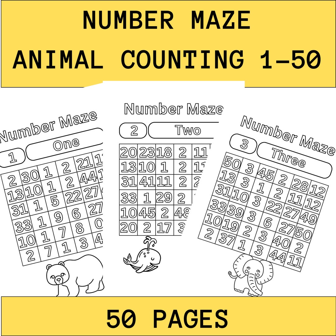 Math Worksheets - Animal Maze Counting 1-50, Find and Color, Math Game ...