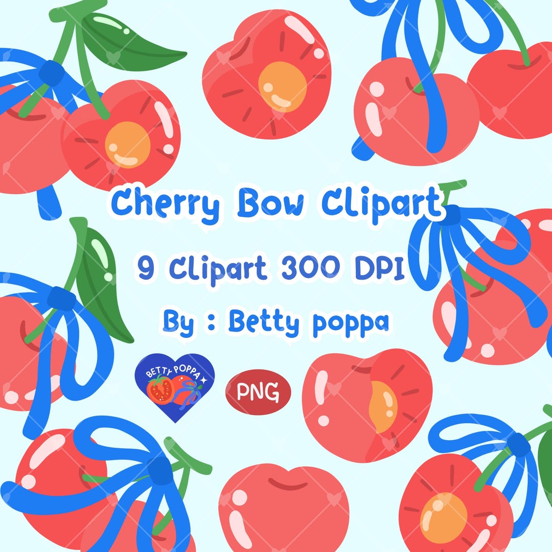 Cherry Bow Clipart Set | Cute Hand-drawn Kawaii Cherries With Ribbons ...