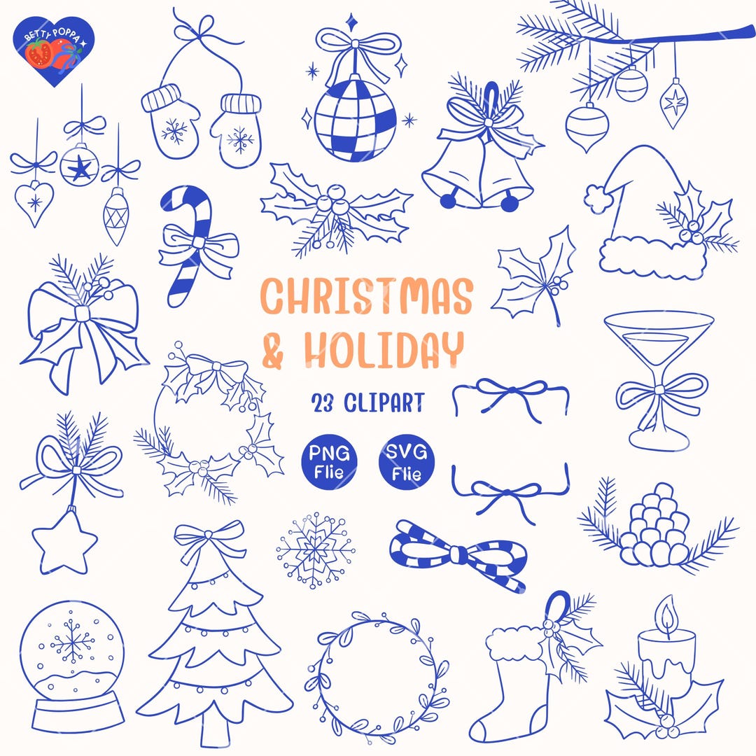 Hand-drawn Christmas Line Art Clipart: Holiday Doodle PNG/SVG Elements ...