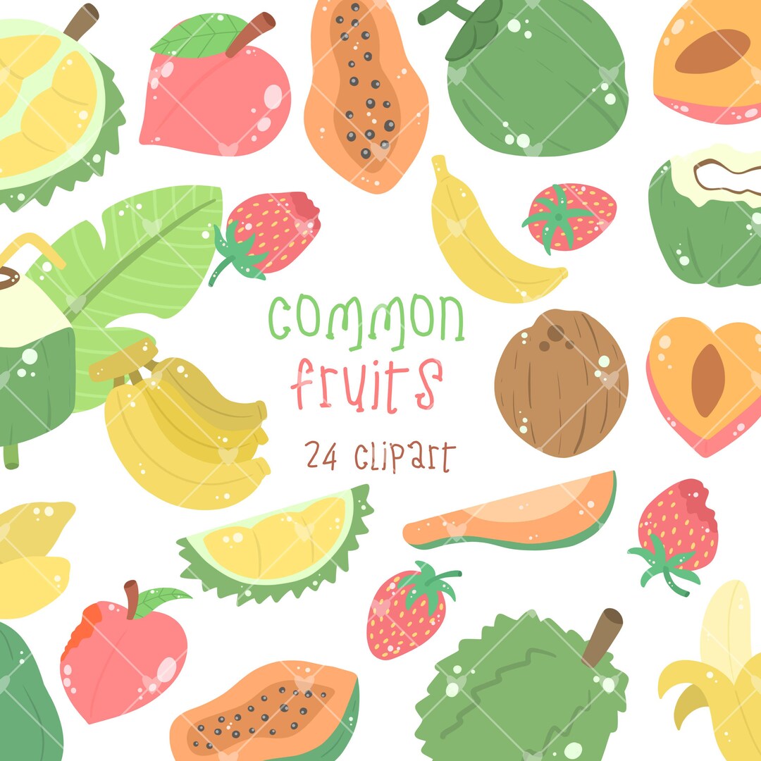 Cute Fruit Clipart Set | 24 Hand-drawn PNG Images | Coconut, Banana ...
