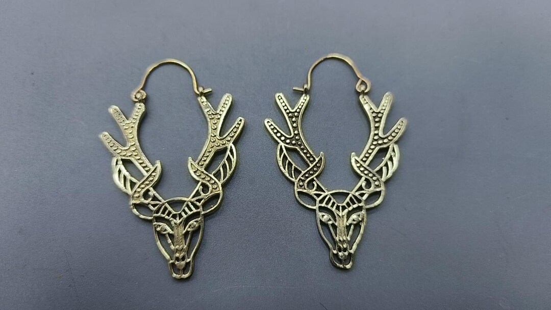 Brass Deer Head Earrings, Stag Antler Dangle Earrings, Boho Animal ...