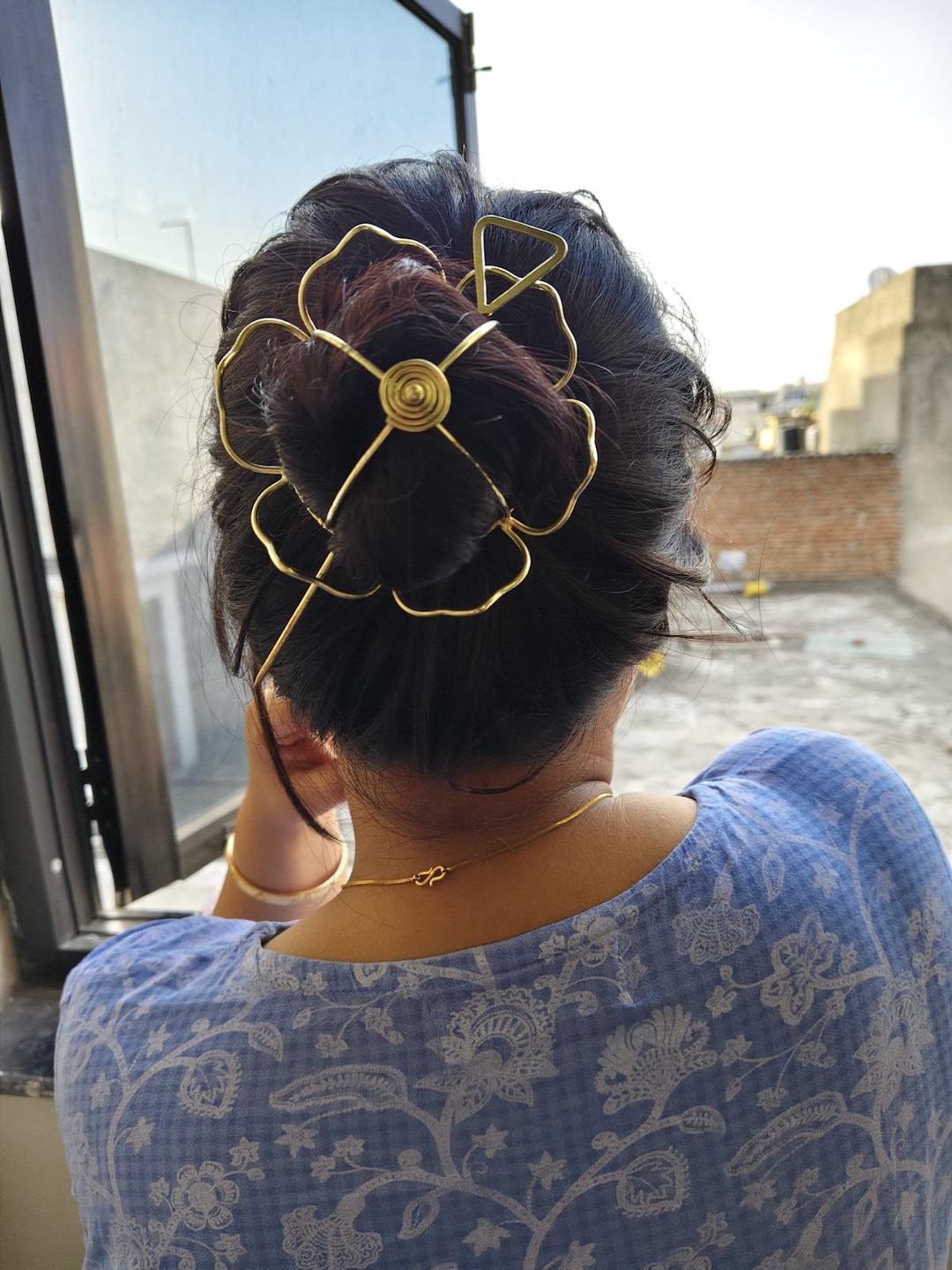 Handmade Flower Hair Brass Bun Pin– Minimal Floral Holder, Boho Fork ...