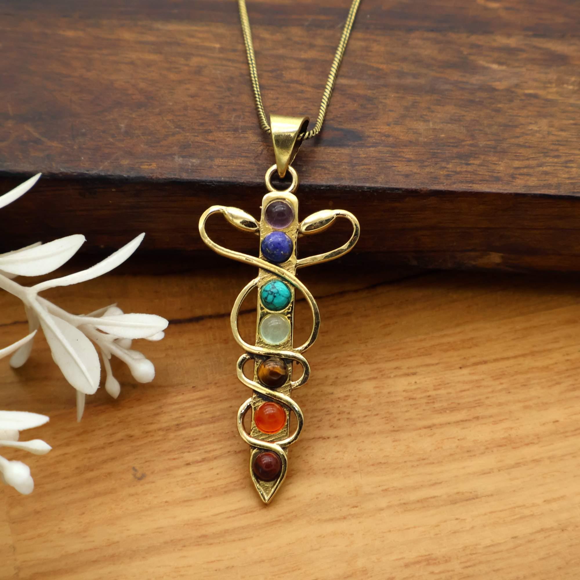 Caduceus 7 Chakra Pendant Necklace | Healing Brass Amulet With ...