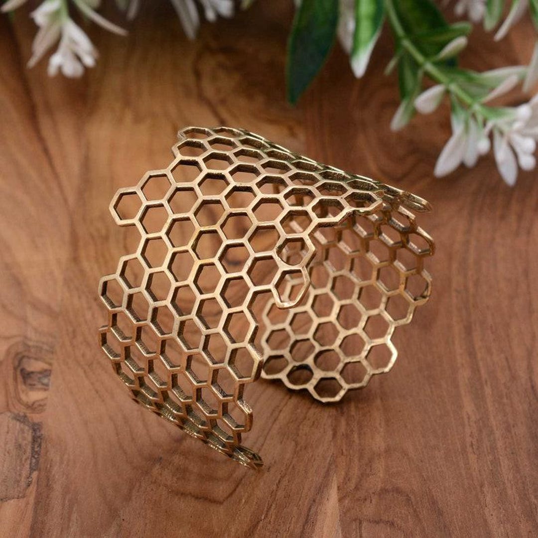 3d Printed Hexagon Women Brass Cuff Bracelet, Honeycomb White Bangel ...
