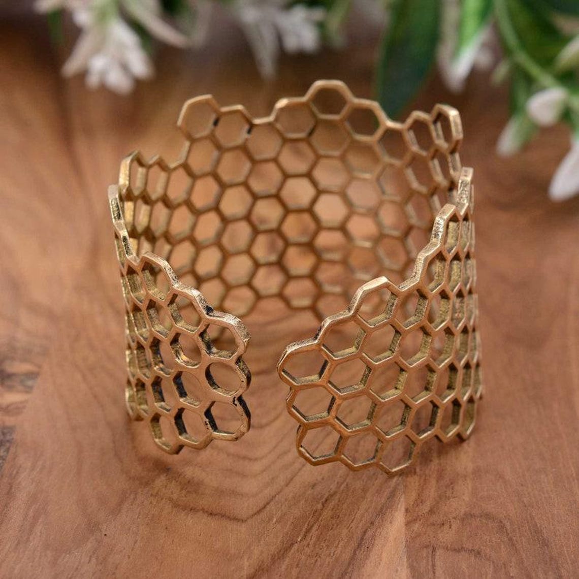 3d Printed Hexagon Women Brass Cuff Bracelet, Honeycomb White Bangel ...